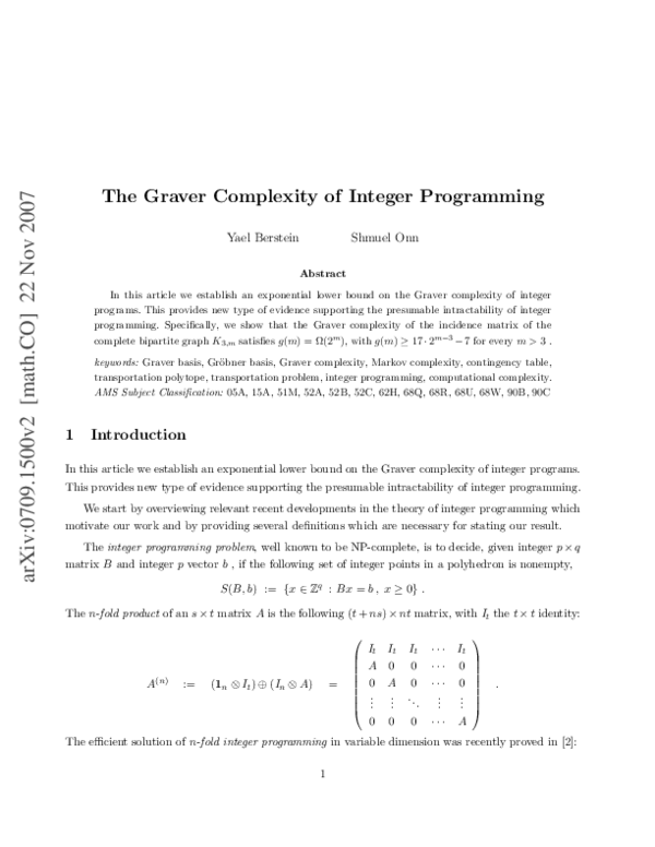 (PDF) The Graver Complexity of Integer Programming (PDF) The Graver Complexity of Integer Programming
