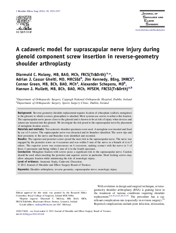 (PDF) A cadaveric model for suprascapular nerve injury during glenoid ...