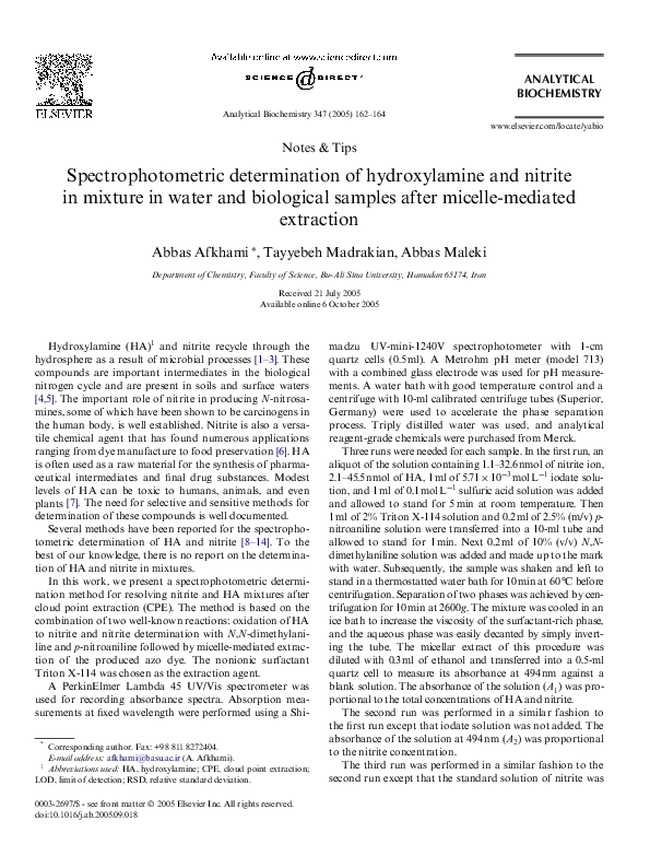 Pdf Spectrophotometric Determination Of Hydroxylamine And Nitrite In Mixture In Water And