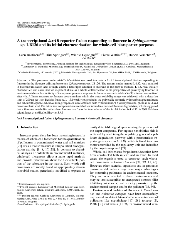 (PDF) A transcriptional luxAB reporter fusion responding to fluorene in ...