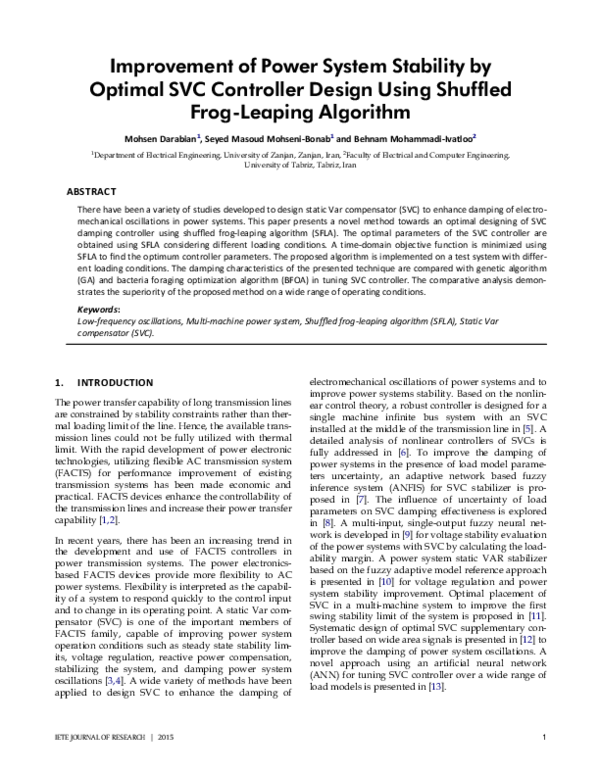 (PDF) Improvement of Power System Stability by Optimal SVC Controller Design Using Shuffled Frog ...