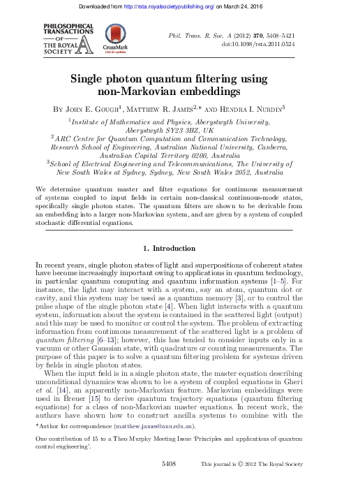 (PDF) Single photon quantum filtering using non-Markovian embeddings