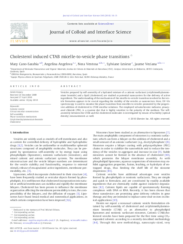 (PDF) Cholesterol induced CTAB micelle-to-vesicle phase transitions