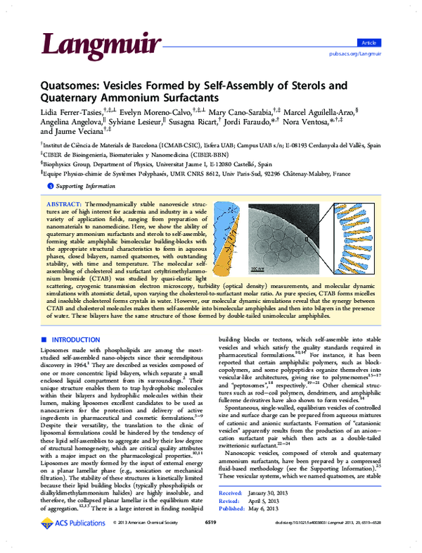 (PDF) Quatsomes: Vesicles Formed by Self-Assembly of Sterols and Quaternary Ammonium Surfactants