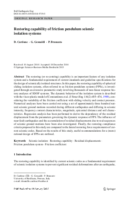 Pdf Restoring Capability Of Friction Pendulum Seismic Isolation Systems