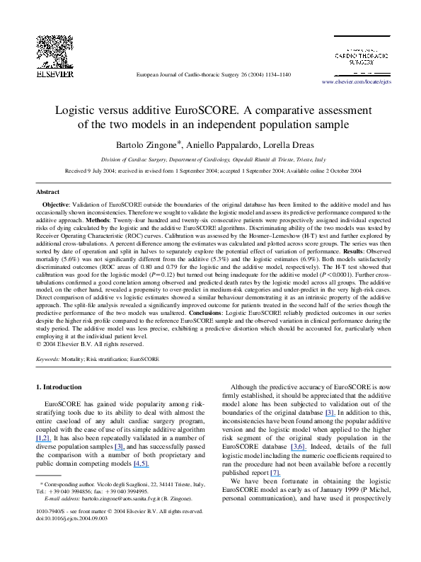 (PDF) Logistic versus additive EuroSCORE. A comparative assessment of ...