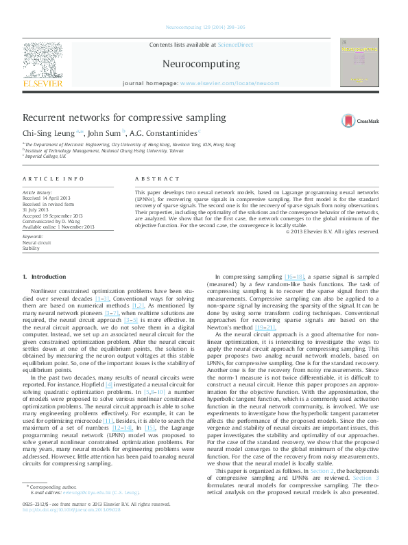 (PDF) Recurrent networks for compressive sampling