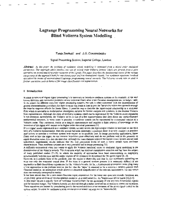 Pdf Lagrange Programming Neural Networks For Blind Volterra System Modelling