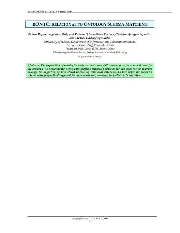 (PDF) RONTO: Relational to ontology schema matching