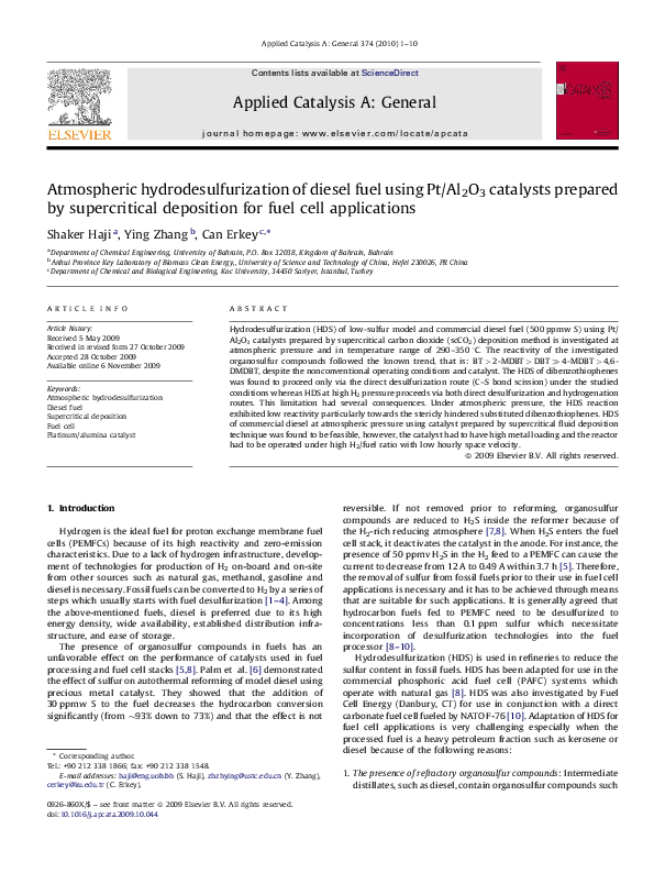 (PDF) Atmospheric hydrodesulfurization of diesel fuel using Pt/Al2O3 ...
