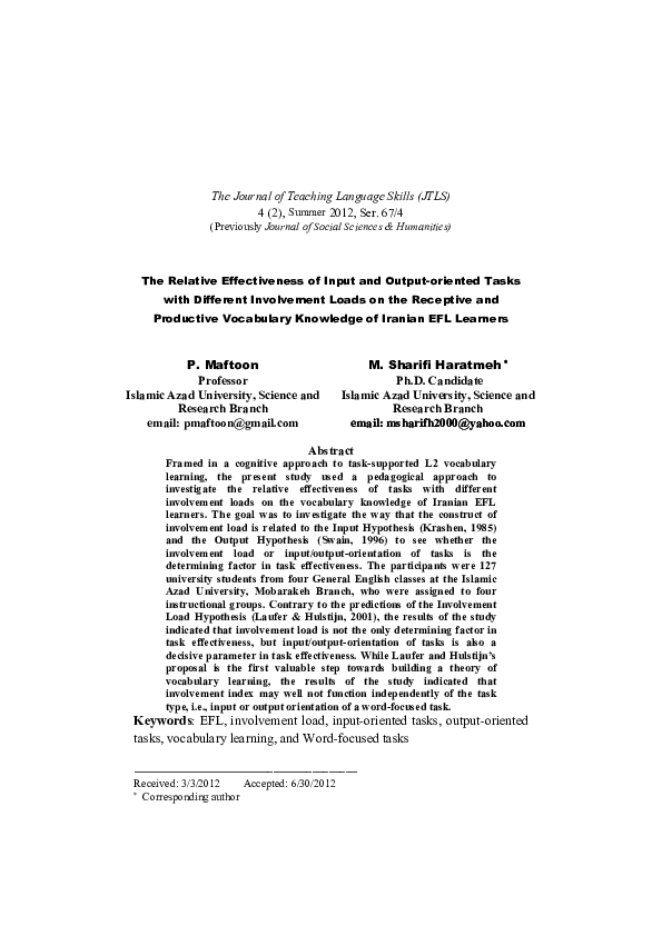 Pdf The Relative Effectiveness Of Input And Output Oriented Tasks 7881