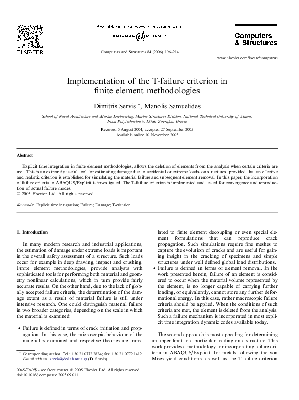 (PDF) Implementation of the T-failure criterion in finite element methodologies