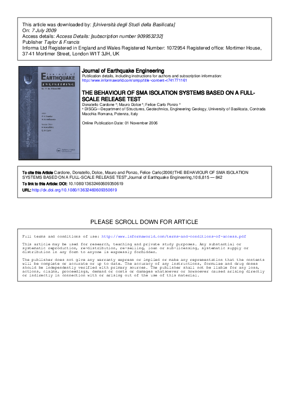 (PDF) THE BEHAVIOUR OF SMA ISOLATION SYSTEMS BASED ON A FULL-SCALE ...
