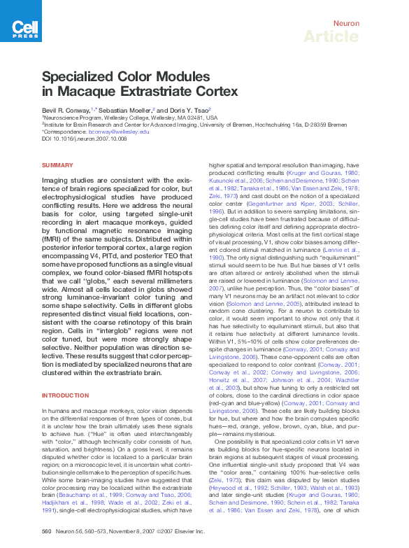 Pdf Specialized Color Modules In Macaque Extrastriate Cortex Bevil Conway 