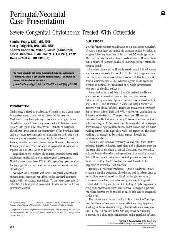 (PDF) Severe Congenital Chylothorax Treated With Octreotide