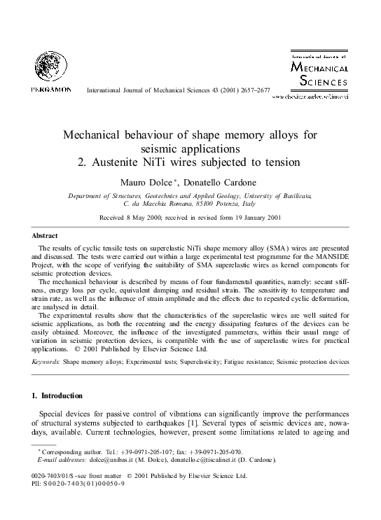(PDF) Mechanical behaviour of shape memory alloys for seismic applications 2. Austenite NiTi ...