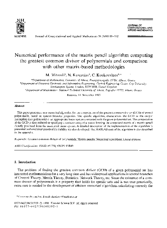 Pdf Numerical Performance Of The Matrix Pencil Algorithm Computing