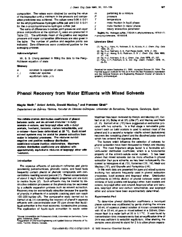 (PDF) Phenol recovery from water effluents with mixed solvents