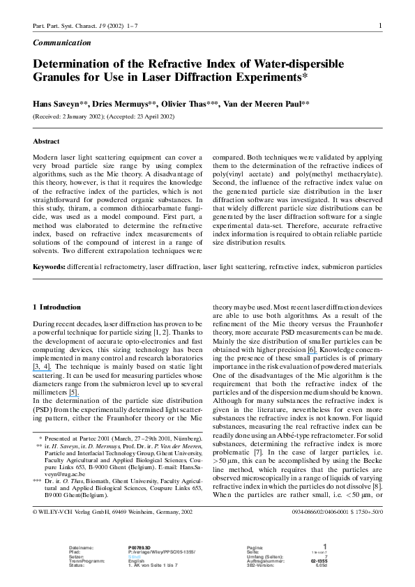(PDF) Determination of the Refractive Index of Water-dispersible Granules for Use in Laser ...