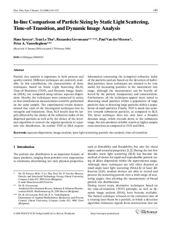 (PDF) In-line Comparison of Particle Sizing by Static Light Scattering, Time-of-Transition, and ...