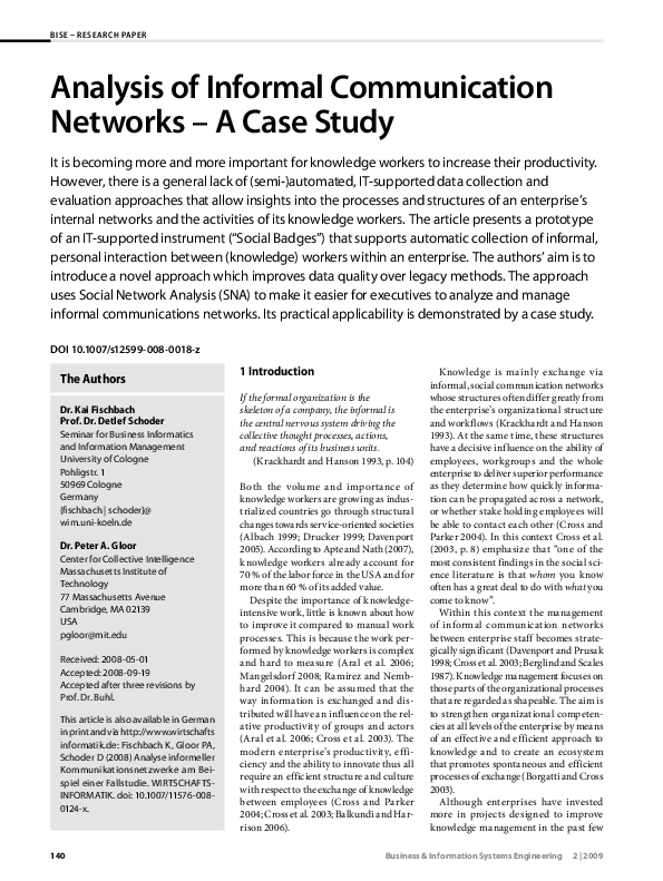 (PDF) Analysis of Informal Communication Networks – A Case Study