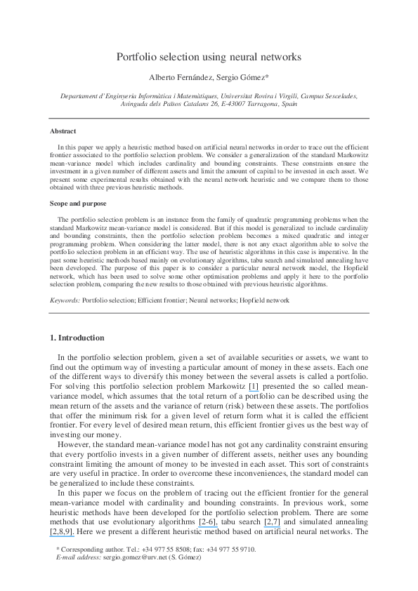 (PDF) Portfolio selection using neural networks
