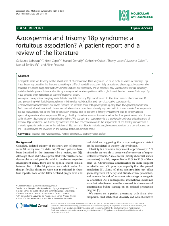 (PDF) Azoospermia and trisomy 18p syndrome: a fortuitous association? A ...