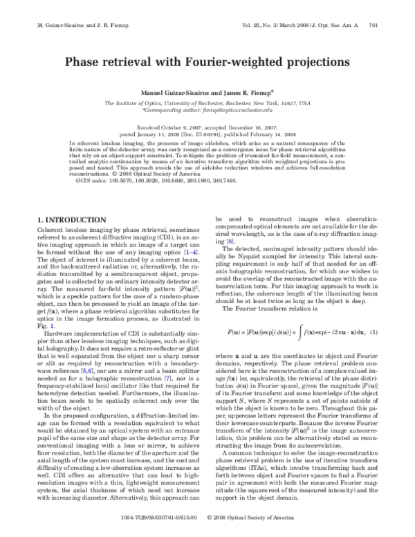 (PDF) Phase retrieval with Fourier-weighted projections | James Fienup - Academia.edu