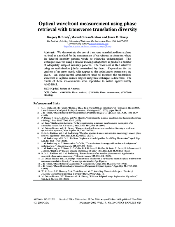 (PDF) Optical wavefront measurement using phase retrieval with ...