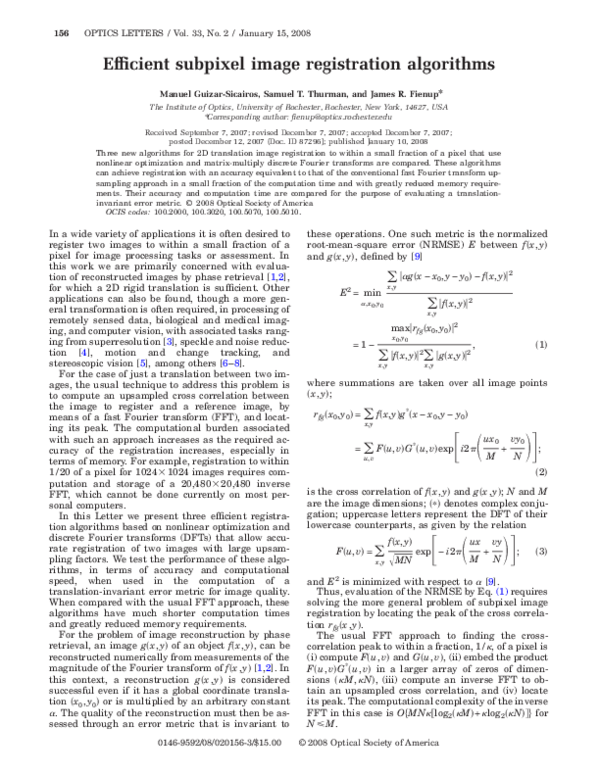Pdf Efficient Subpixel Image Registration Algorithms