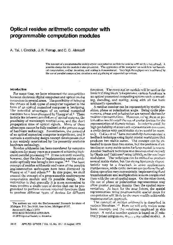 (PDF) Optical residue arithmetic computer with programmable computation modules | James Fienup ...