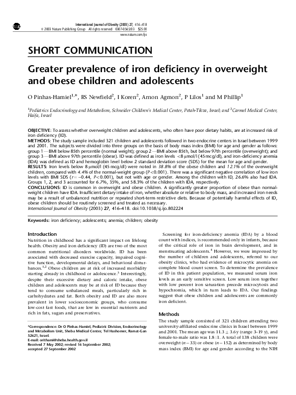 (PDF) Greater prevalence of iron deficiency in overweight and obese ...