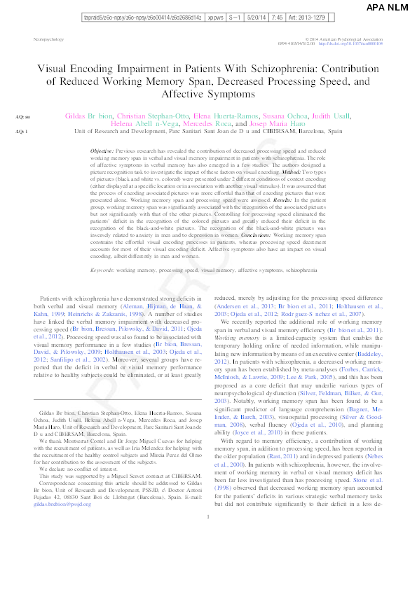 (PDF) Visual encoding impairment in patients with schizophrenia: Contribution of reduced working ...