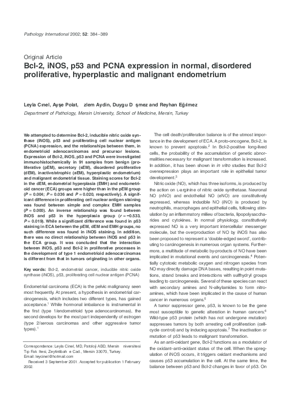 (PDF) Bcl-2, iNOS, p53 and PCNA expression in normal, disordered ...