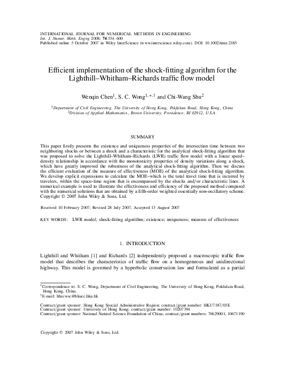 Pdf Efficient Implementation Of The Shock Fitting Algorithm For The Lighthillwhithamrichards 6977