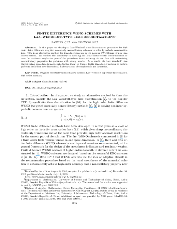 Pdf Finite Difference Weno Schemes With Lax Wendroff Type Time