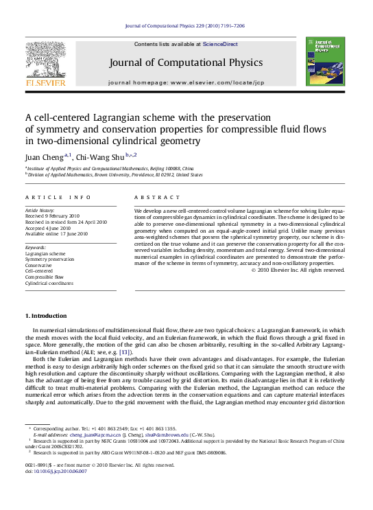 (PDF) A cell-centered Lagrangian scheme with the preservation of symmetry and conservation ...