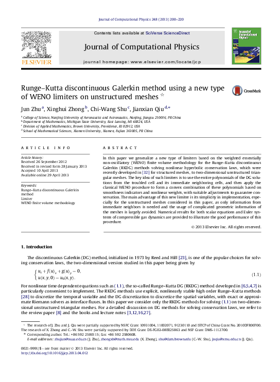 (PDF) Runge--Kutta Discontinuous Galerkin Method Using WENO Limiters