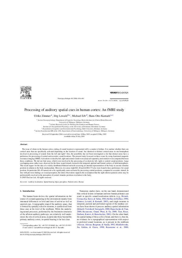 (PDF) Processing of auditory spatial cues in human cortex: An fMRI study