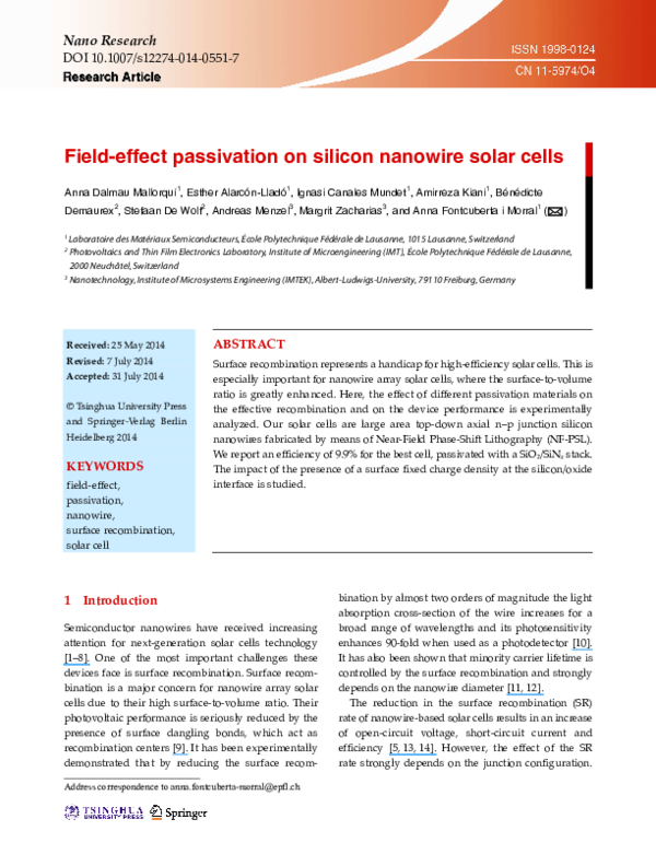 Pdf Field Effect Passivation On Silicon Nanowire Solar Cells