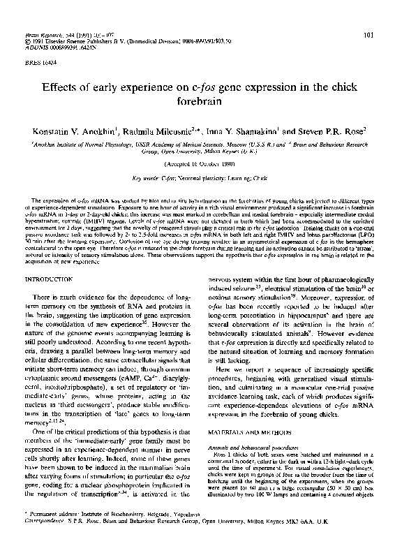 (PDF) Effects of early experience on c-fos gene expression in the chick ...