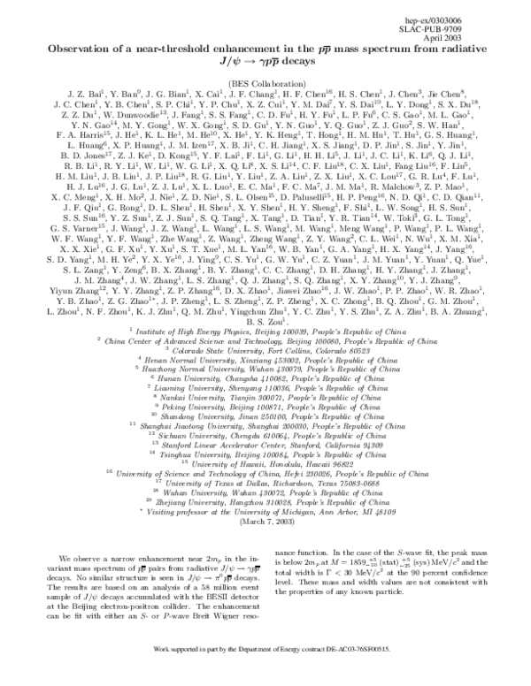 (PDF) Observation of a Near-Threshold Enhancement in the pp¯ Mass Spectrum from Radiative J/ψ→ ...