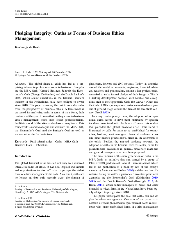 (PDF) Pledging Integrity: Oaths as Forms of Business Ethics Management