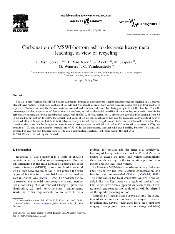 (PDF) Carbonation of MSWI-bottom ash to decrease heavy metal leaching, in view of recycling