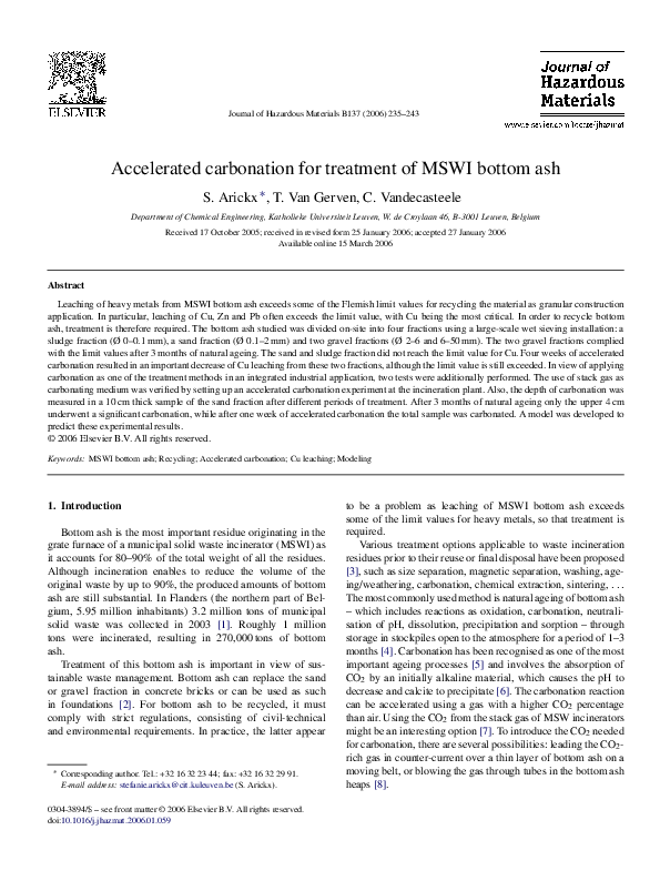 (PDF) Accelerated carbonation for treatment of MSWI bottom ash