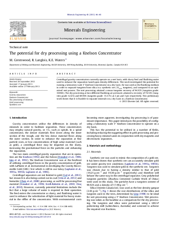 (PDF) The potential for dry processing using a Knelson Concentrator