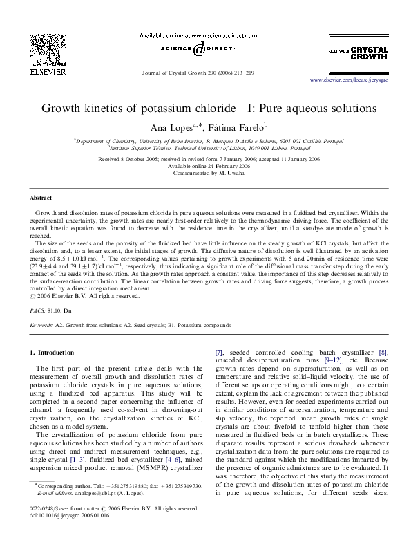 (PDF) Growth kinetics of potassium chloride—I: Pure aqueous solutions