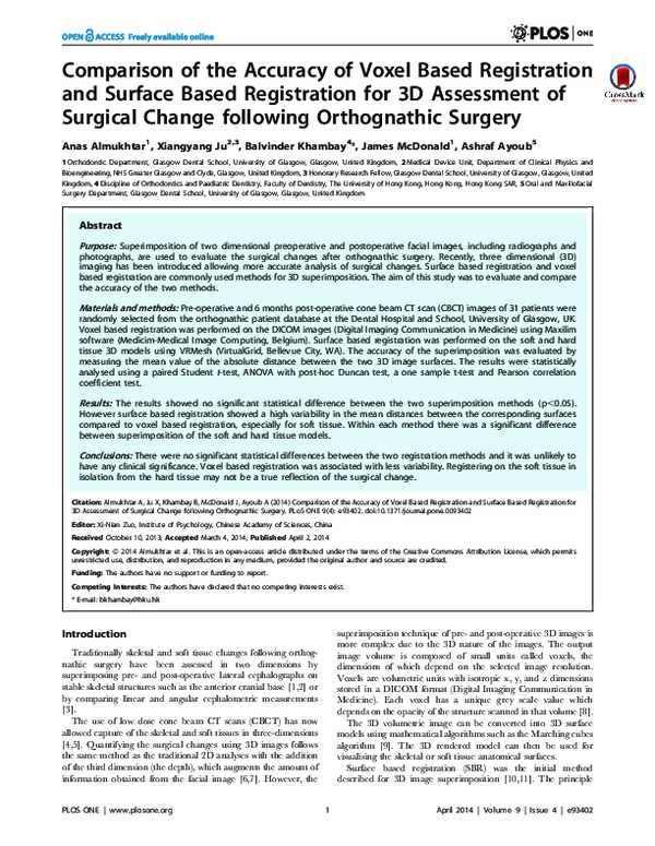 (PDF) Comparison of the accuracy of voxel based registration and surface based registration for ...