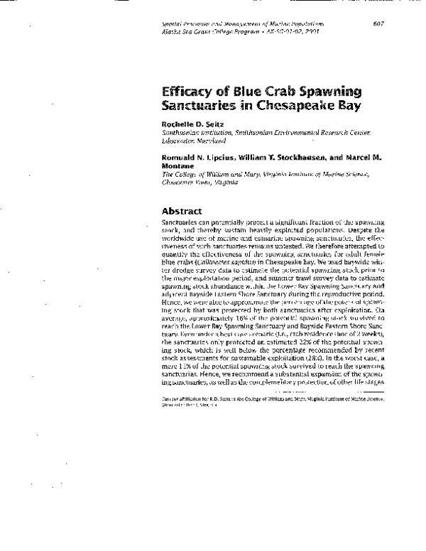 (PDF) Efficacy of blue crab spawning sanctuaries in Chesapeake Bay