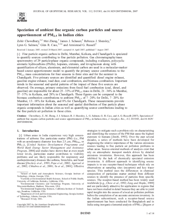 (PDF) Speciation of ambient fine organic carbon particles and source apportionment of PM 2.5 in ...